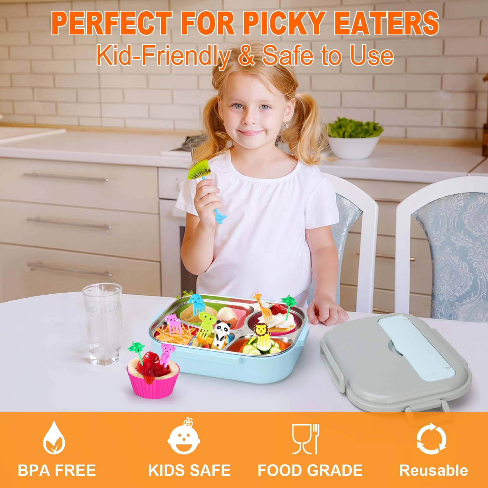 SEANSDA 70 Pcs Silicone Lunch Box Dividers Set, Thicked Silicone Cupcake Liners for Baking, Reusable Lunch Bento Box Accessories with Animal Food Picks for Kids (20 Cupcake Cup + 50 Picks)