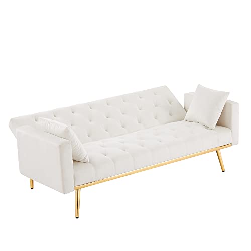 Tmosi Velvet 73'' Convertible Folding Futon Sofa Bed with Removable Armrests for Compact Living Space,Twin Size Loveseat Sofabed with 3 Adjustable Backrests for Bedroom (White)