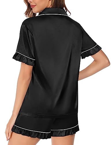SWOMOG Women Silk Satin Pajama-Sets Short Sleeve Sleepwear Summer Loungewear 2 Pcs Nightwear Ruffle Hem Pyjamas Black