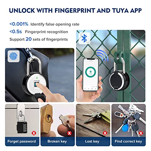 KISSTY Fingerprint Padlock, Smart Locker Lock APP Bluetooth Lock Thumbprint Gym Lock USB Rechargeable Small Waterproof Locks for Lockers