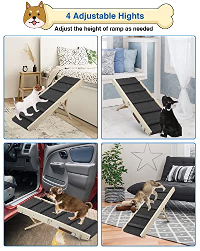 TNELTUEB Adjustable Dog Ramp, Wooden Folding Portable Pet Ramp,Rated for 30 LBS, 32.6" Long and Adjustable from 10" to 19" with Non-Slip Traction Mat, Dog Step for Bed, Couch,Car (Grey)