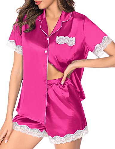 SWOMOG Women's Silk Lace Pajama Sets Satin Button Down Pjs Lace Shorts 2 Pcs Sleepwear Bridal Party Lounge Set with Pockets Red Rose