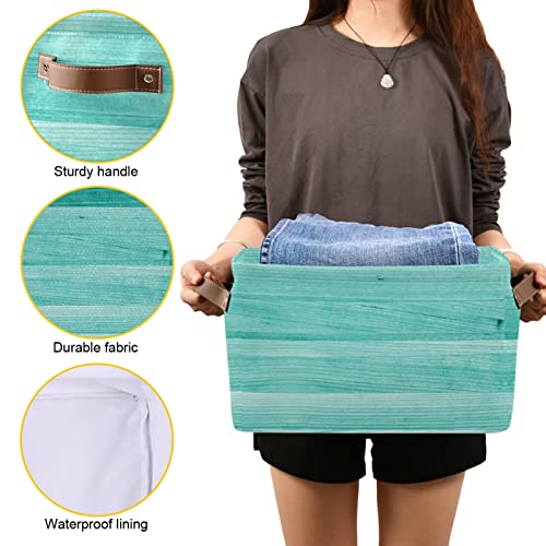 Large Storage Basket Teal Turquoise Green Wood Foldable Storage Box Organizer Bins with Handles for Bedroom Home Office