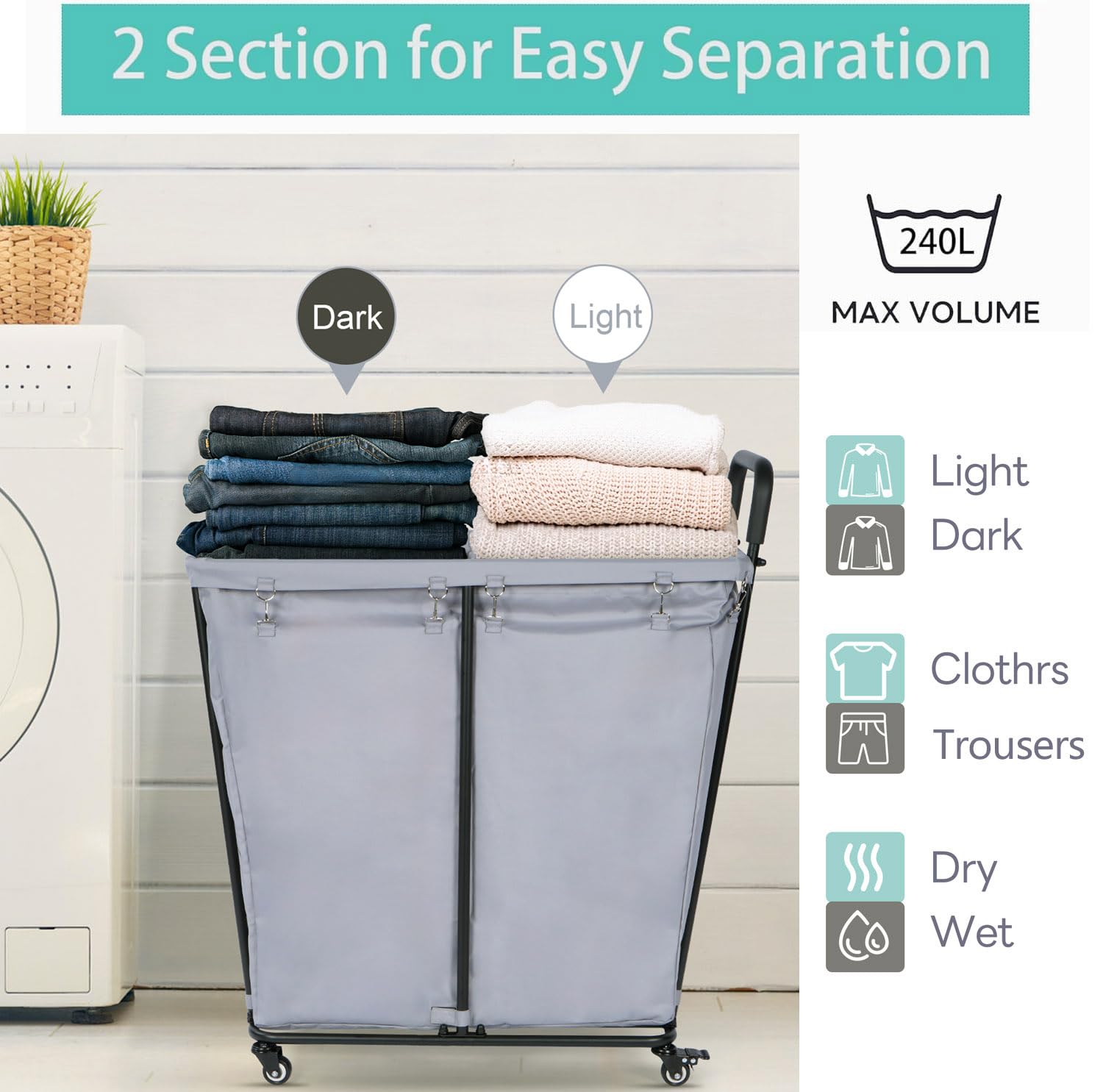 mopam 2 Section Laundry Hamper with Wheels, 240L Rolling Laundry Sorter Cart with Heavy Duty Metal Frame, Large Commercial Laundry Basket with Handles and Removable Oxford Bags, Gray