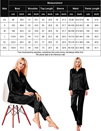 SWOMOG Women‘s Silk Satin Pajamas Set Long Sleeve Sleepwear Button Down Pjs Loungewear with Pocket Black