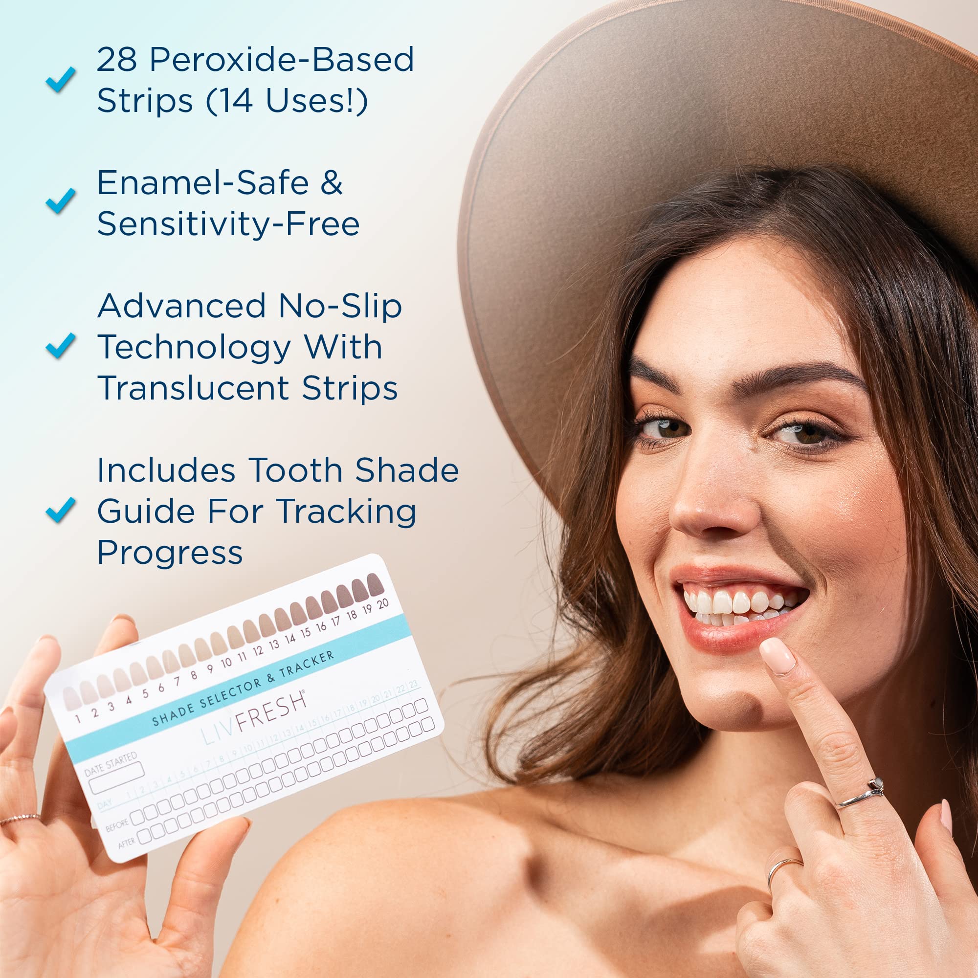 LIVFRESH Teeth Whitening Strips, Results in 14 Days, Cleans Teeth & Reduces Plaque, Enamel Safe, for Sensitive Teeth, Uses Coconut Oil & Hydrogen Peroxide, No Slip Teeth Whitener, 14 Treatments