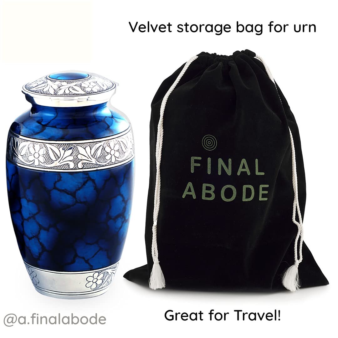 Final Abode Cremation Memorial Urn for Ashes and Stainless Steel Pendant Necklace - Blue Funeral Burial Engravable Urn - Pendant with Chain Engraved - Protective Black Velvet Bag for Transport
