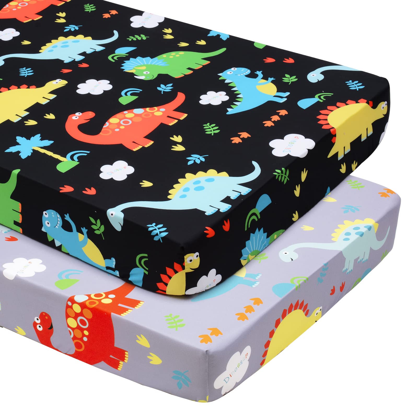JISEN Baby Crib Sheets 2 Piece Portable Fitted Crib Sheet for Standard Crib and Toddler Mattresses Nursery Bed Decor for Boys Girls 28x52 Inch Grey/Black Dinosaurs