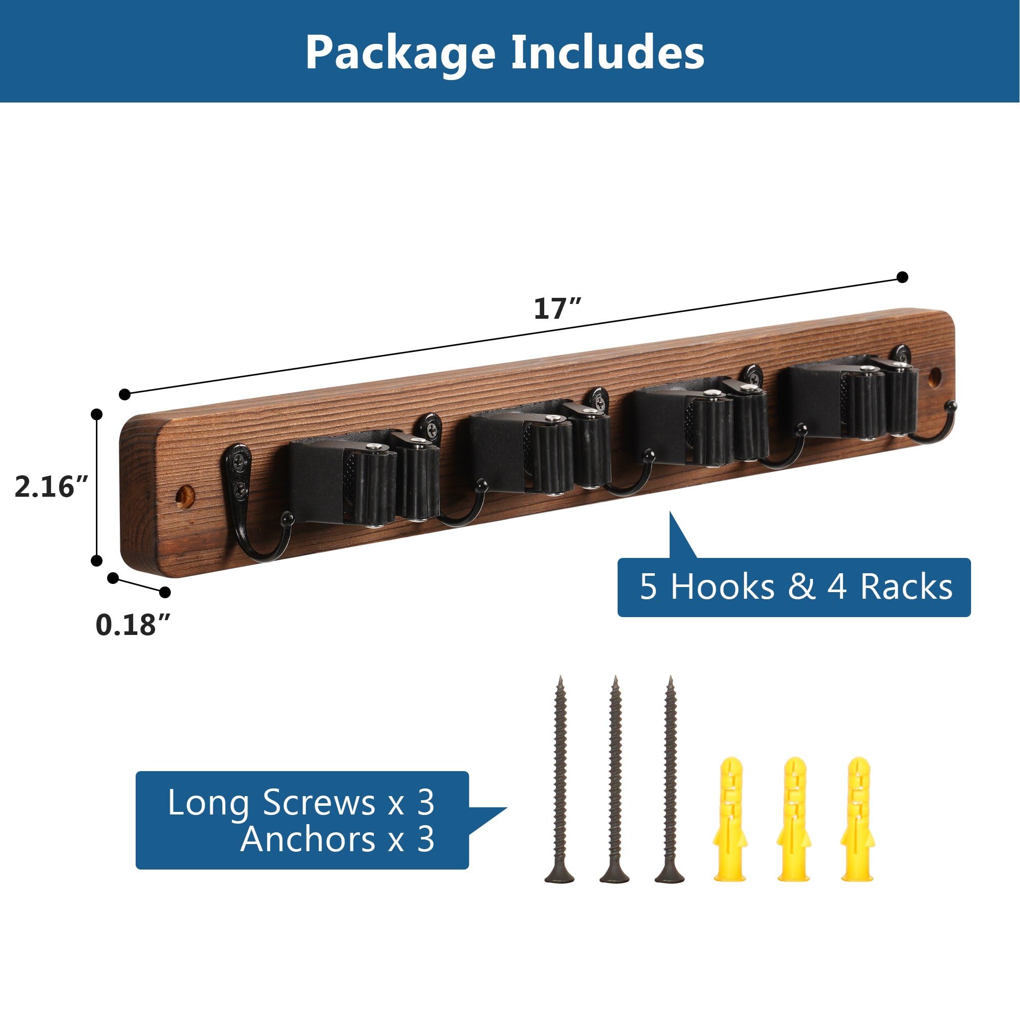 jabrand Broom Holder Wall Mount, Wood Mop and Broom Hanger with 4 Slots and 5 Hooks Laundry Room Organizer Tool for Home Garden Garage Yard Kitchen Closet Organization Storage Garden