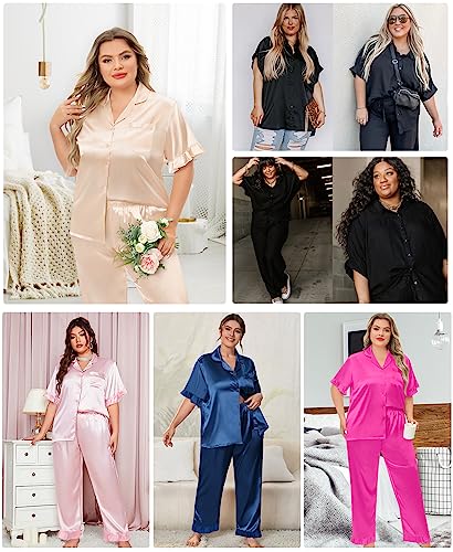 SWOMOG Womens Satin Plus Size Pajamas Silk Short Sleeve Pjs Sets Button Up Pajama with Ruffle Soft Loungewear Wedding PJs Black