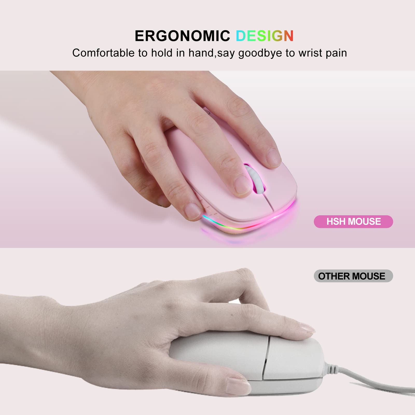 Ergonomic Wireless Mouse, Rechargeable Mouse, RGB Gaming Mouse, RGB Marquee Mouse (Pink)