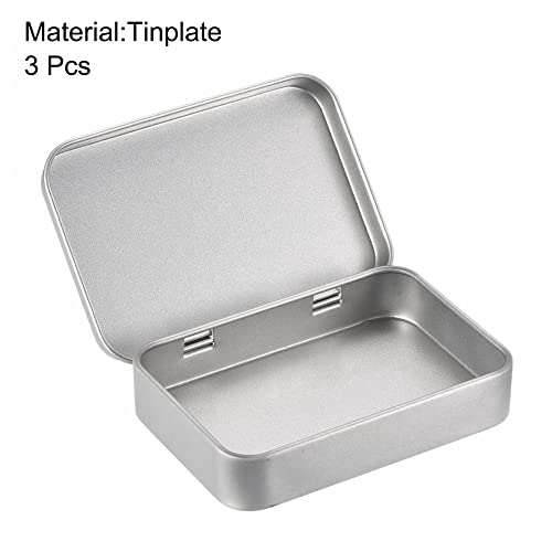 uxcell Metal Tin Box, 3pcs 3.43" x 2.36" x 0.71" Rectangular Empty Tinplate Storage Containers with Hinged Lids, Silver Tone