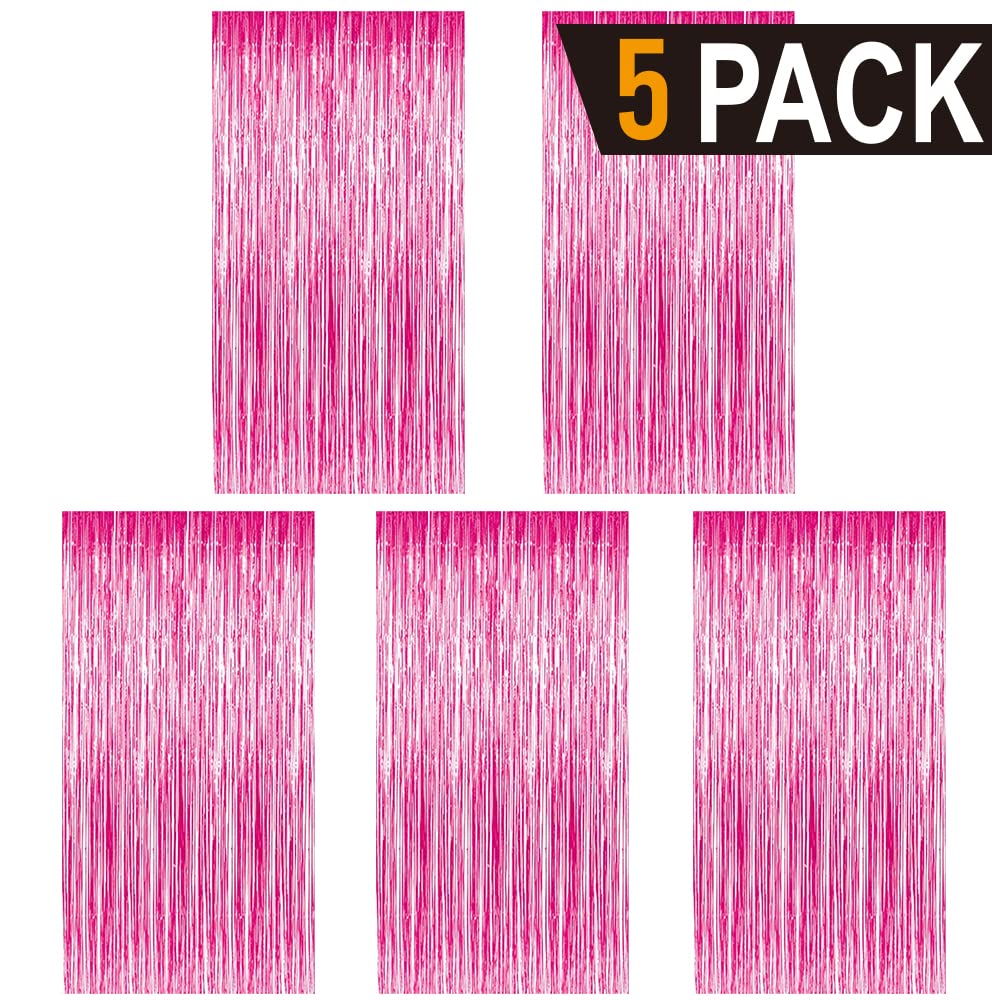GOER 3.2 ft x 9.8 ft Metallic Tinsel Foil Fringe Curtains Party Photo Backdrop Party Streamers for Galentines Day,Birthday,Graduation,New Year Eve Decorations Wedding Decor (5 Packs,Hot Pink)