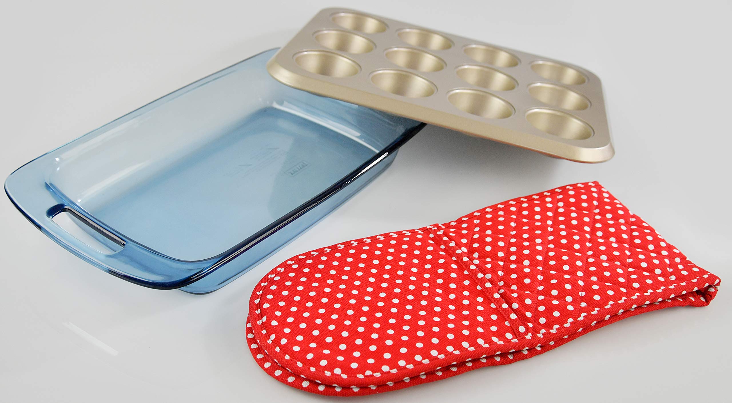 Home-X Red Polk Dot Double Oven Mitt for Cooking and Serving, Heat Resistant, Extra Long Potholder, Oven Gloves to Protect Hands and Arms, Machine Washable -32”L