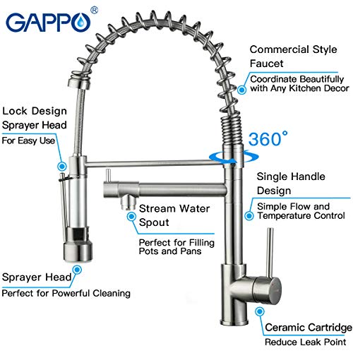 Kitchen Faucet with Pull Down Sprayer Contemporary Single Handle Kitchen Sink Faucet GAPPO Solid Brass Spring Kitchen Faucet Brushed Nickel