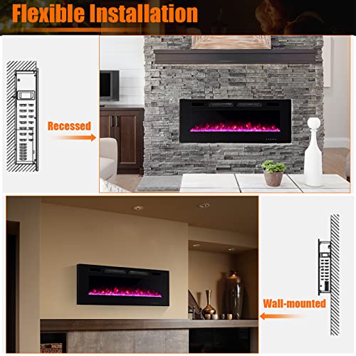 GOFLAME 50 Inch Electric Fireplace, Recessed & Wall-Mounted Fireplace Heater with Touch Panel, APP Control, Remote Control, 12H Timer, Adjustable Flame Color and Brightness, Overheat Protection