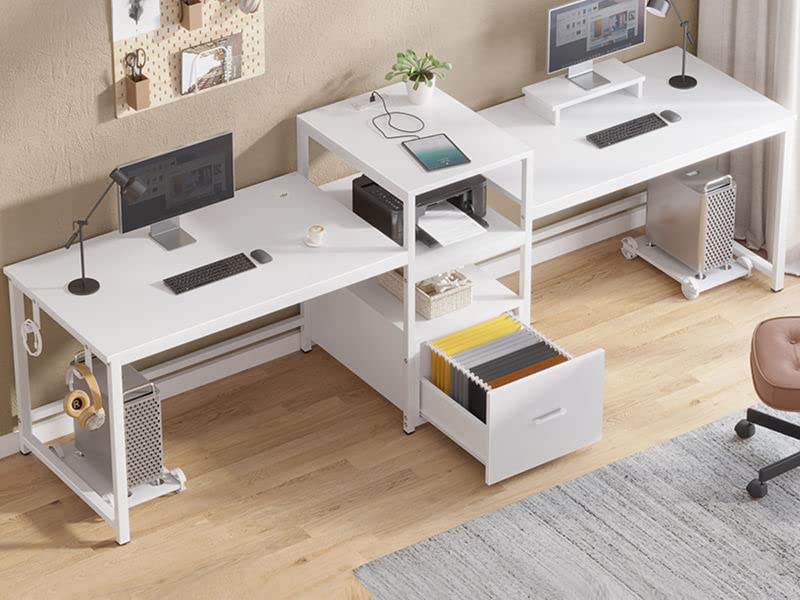 SEDETA 98" Home Office Desk, White Computer Desk with Letter/A4 File Drawer & Power Strip with USB, 2 Person Long Desk with Storage, Printer Shelf & Monitor Stand for Home Office, White