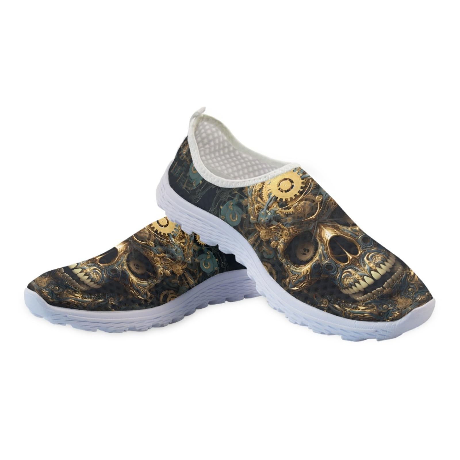 Golden Skull Sneakers Slip Resistant Print Shoes No Shoelaces Slip On Walking Travel Shoes for Women Girls No Laces Mesh Shoes Heels Work Travel Mesh Slip On Shoes Arch Support Hands Free Sneakers