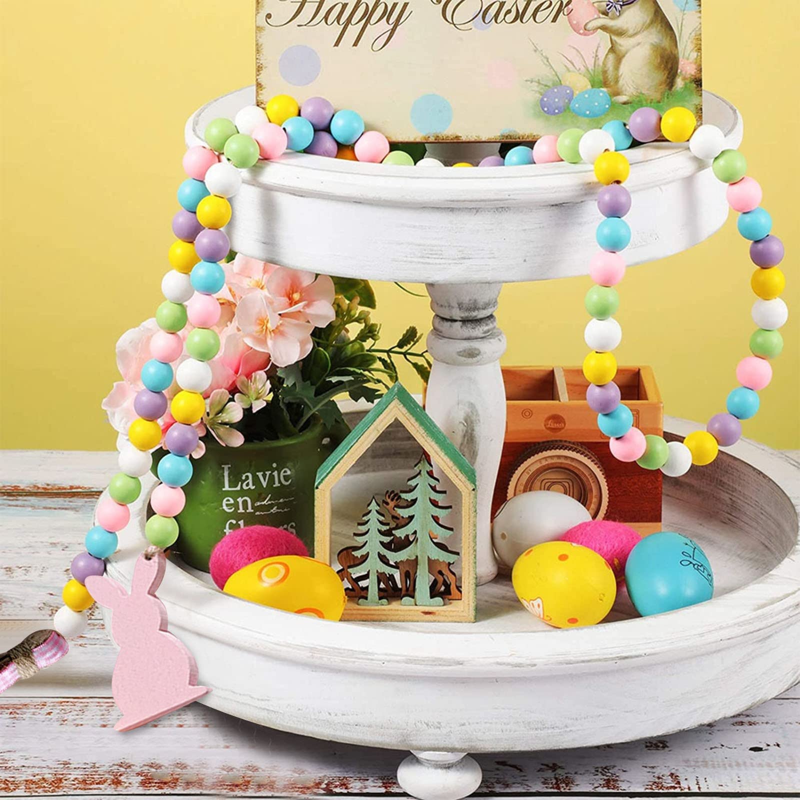 Easter Wood Bead Garland, Table Prayer Beaded with Rustic Tassel, Easter Wood Bead Tassel Garland Hanging Ornaments Decor for Rustic Easter Partyvase Wall Display (A02)