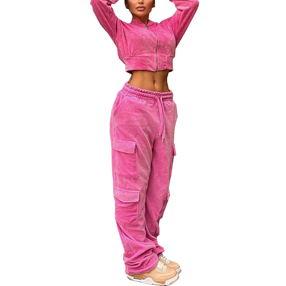 HBER Women's 2 Piece Velour Tracksuit Set Solid Color Long Sleeve Zipper Cropped Jacket and Sweatpants Y2K Sweatsuit Set