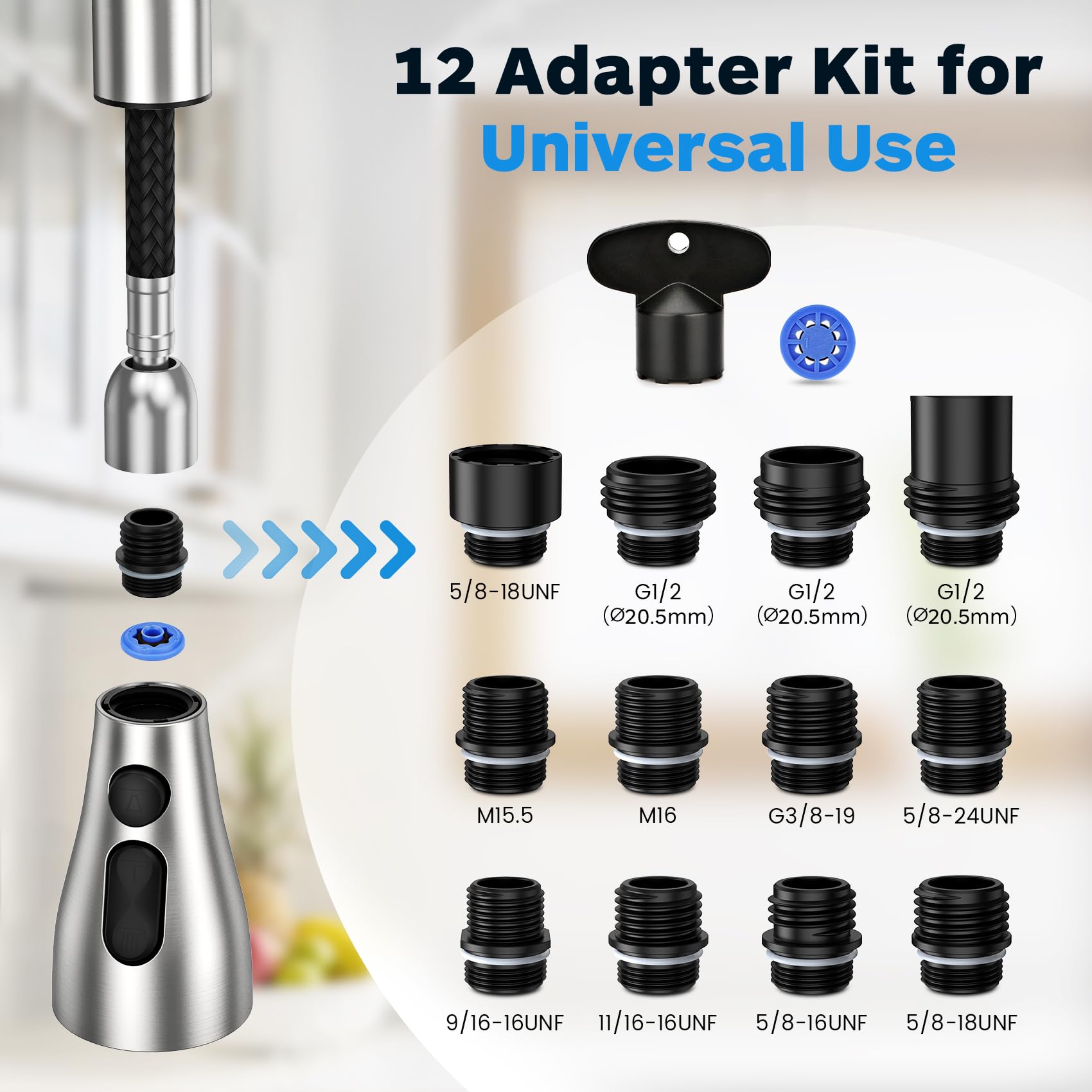 Kitchen Faucet Head Replacement 3 Modes with 12 Adapters, Pull Down Spray Head for Kitchen Faucet, Kitchen Sink Faucet Head G 1/2, Sprayer Head Replacement, Compatible with Moen,Delta, Kohler Faucets