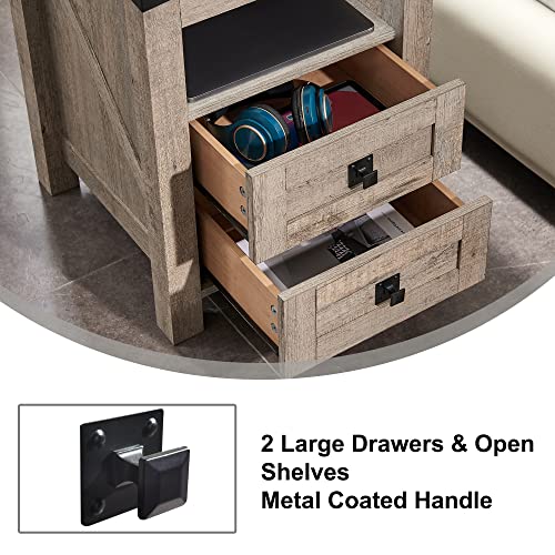 T4TREAM Nightstand wtih Charging Station, End Table, Side Table with 2 Drawers Storage Cabinet for Bedroom, Living Room, Farmhouse Design, Wood Rustic,Light Rustic Oak