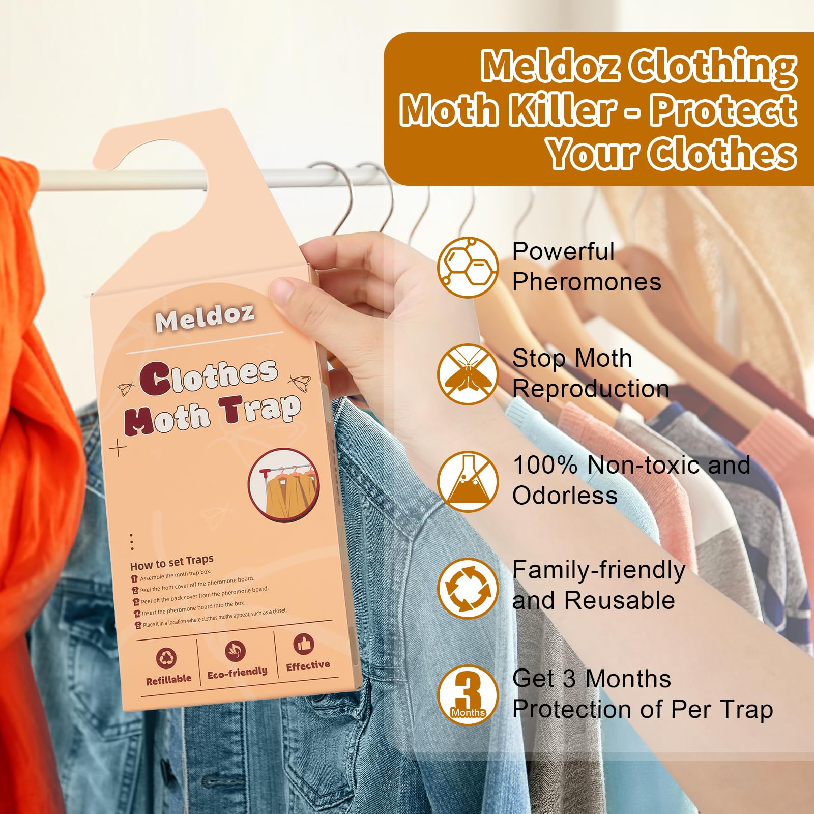 Meldoz Clothes Moth Traps with Powerful Pheromones, Non-Toxic & Odor-Free Sticky Moth Traps for Clothes & Closets, Refillable 6-Pack