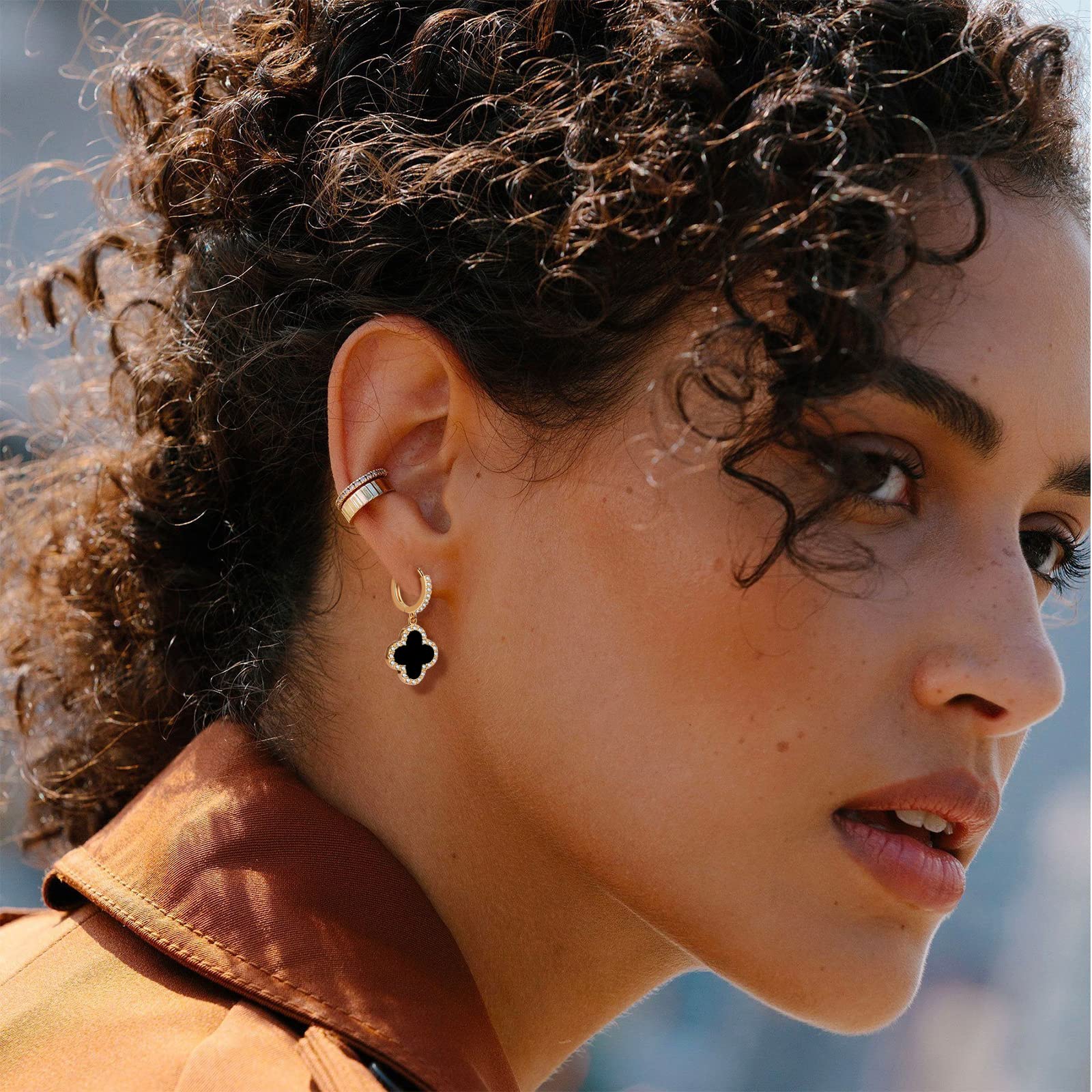 Gold Dangle Earrings, 14K Gold Plated Small Huggie Hoop Earrings with Clover Charms, Dainty Drop Dangle Earrings for Women