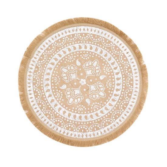TABLECLOTHSFACTORY 4 Pack | Natural 15" Jute & White Print Fringe Placemats, Rustic Round Woven Burlap Tassel Table Mats