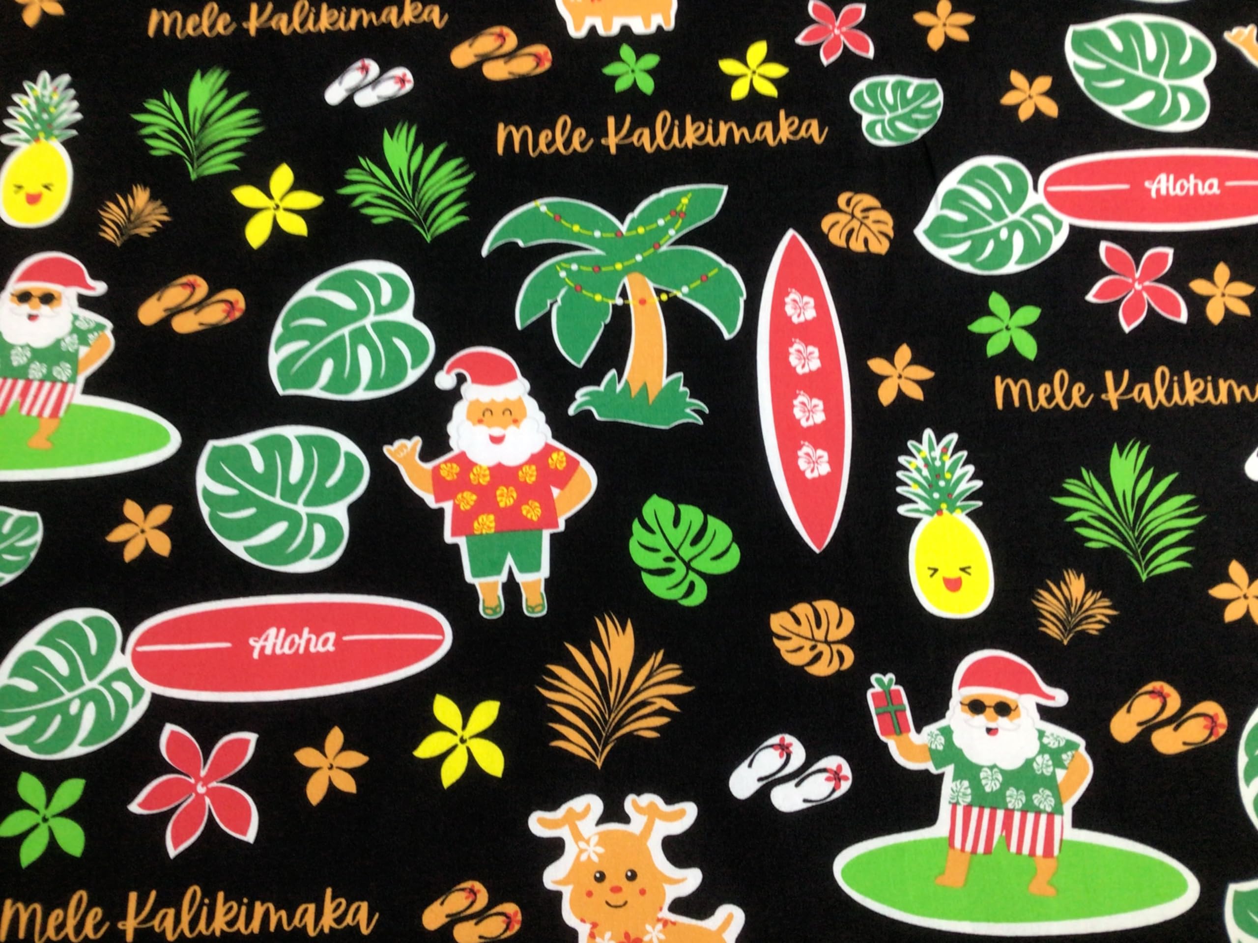 Mele Kalikimaka Hawaiian Christmas Surfing Santa in Black Background Hawaiian Print 100% Cotton Fabric Sold by The Yard
