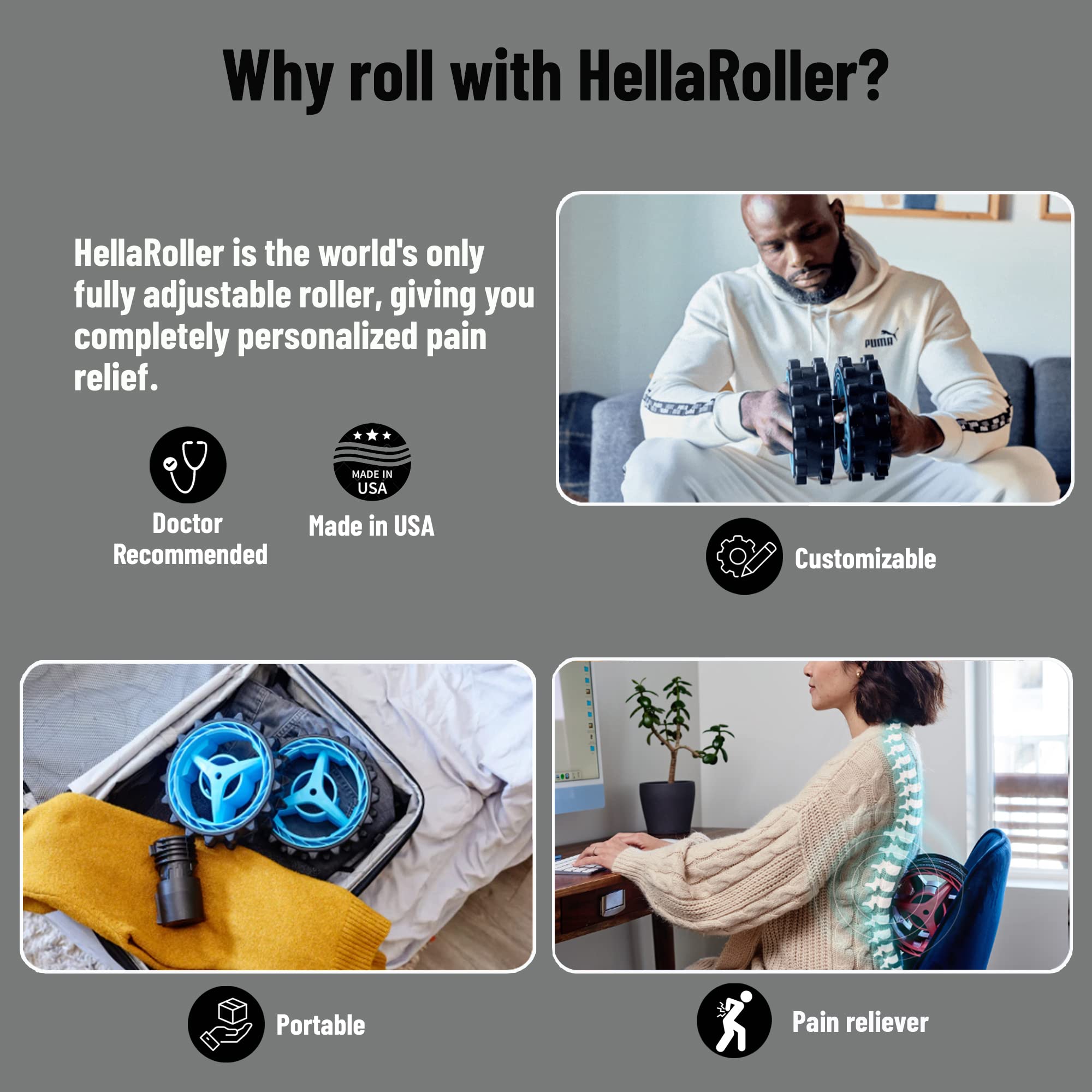 HellaRoller Back & Muscle Roller Wheel - Expandable Precision Wheels, Great for Back Pain Relief, Muscle Therapy & Deep Tissue Massage, Foam Roller Alternative (Ultimate Bundle of 3)
