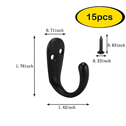 SOEAEODG 15 Pieces Wall Mounted Coat Hook Robe Hook Flat Black Towel Holder for Bathroom, Bathroom Accessories and 30Pieces Screws for Bath Kitchen Garage Single Coat Hanger (Black Color)