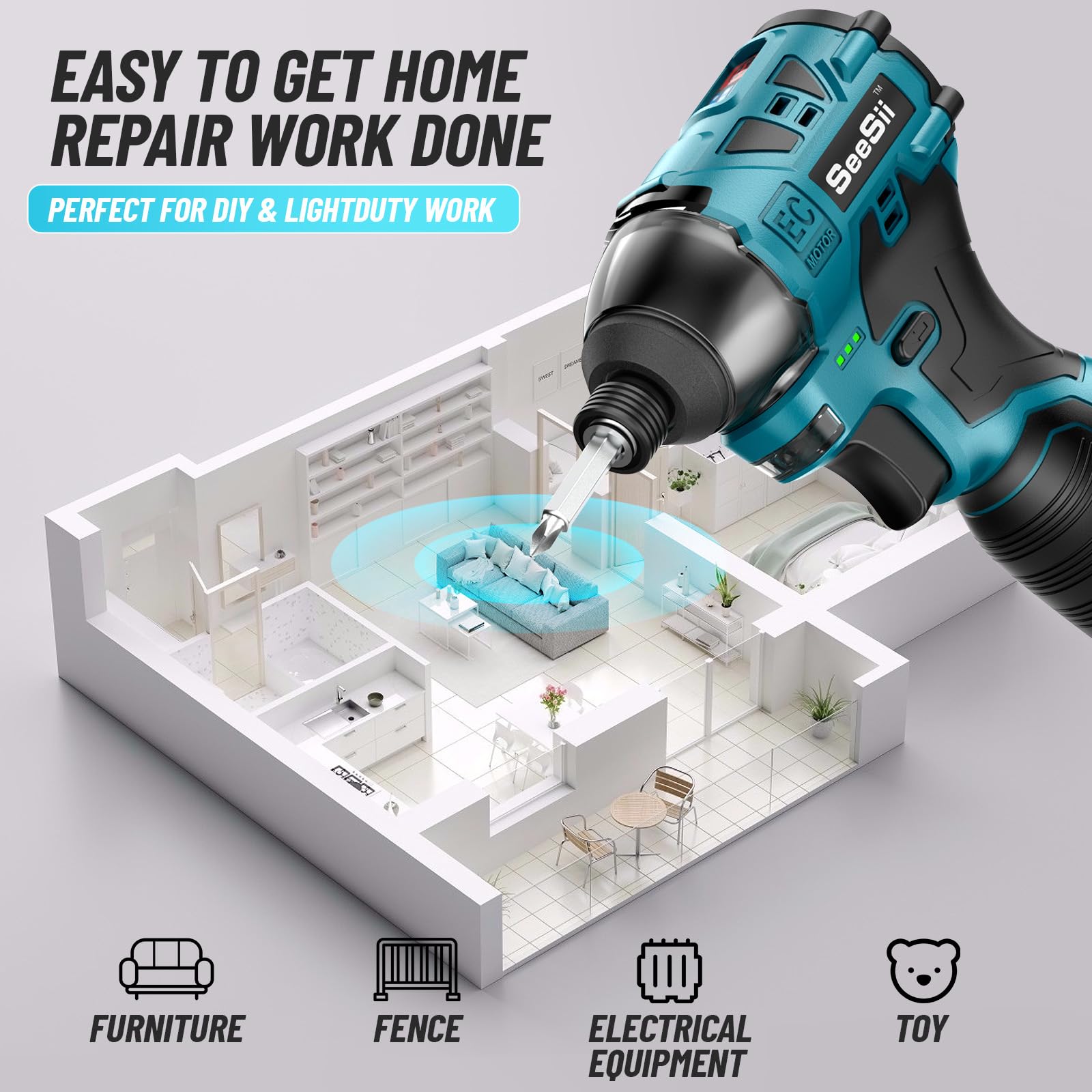 Seesii Impact Driver Kit, 16V Cordless Impact Driver Set w/Max Torque 1240 In-lbs,1/4" Hex Chuck Power Impact Drill w/Two 2.0Ah Battery, 0-2700RPM Variable Speed, 20Pcs Drill Bits, QH140