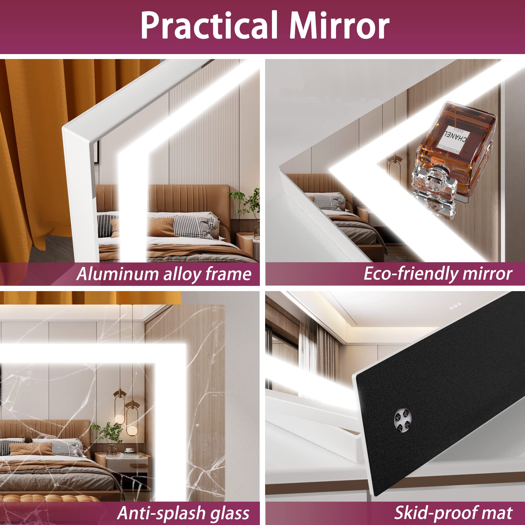 Hasipu Vanity Mirror with Lights, 24.2" x 19.7" LED Makeup Mirror, Light up Mirror with 10X Magnification and USB, Phone Holder, Smart Touch 3 Colors Dimmable, 360° Rotation (Right Angle White)