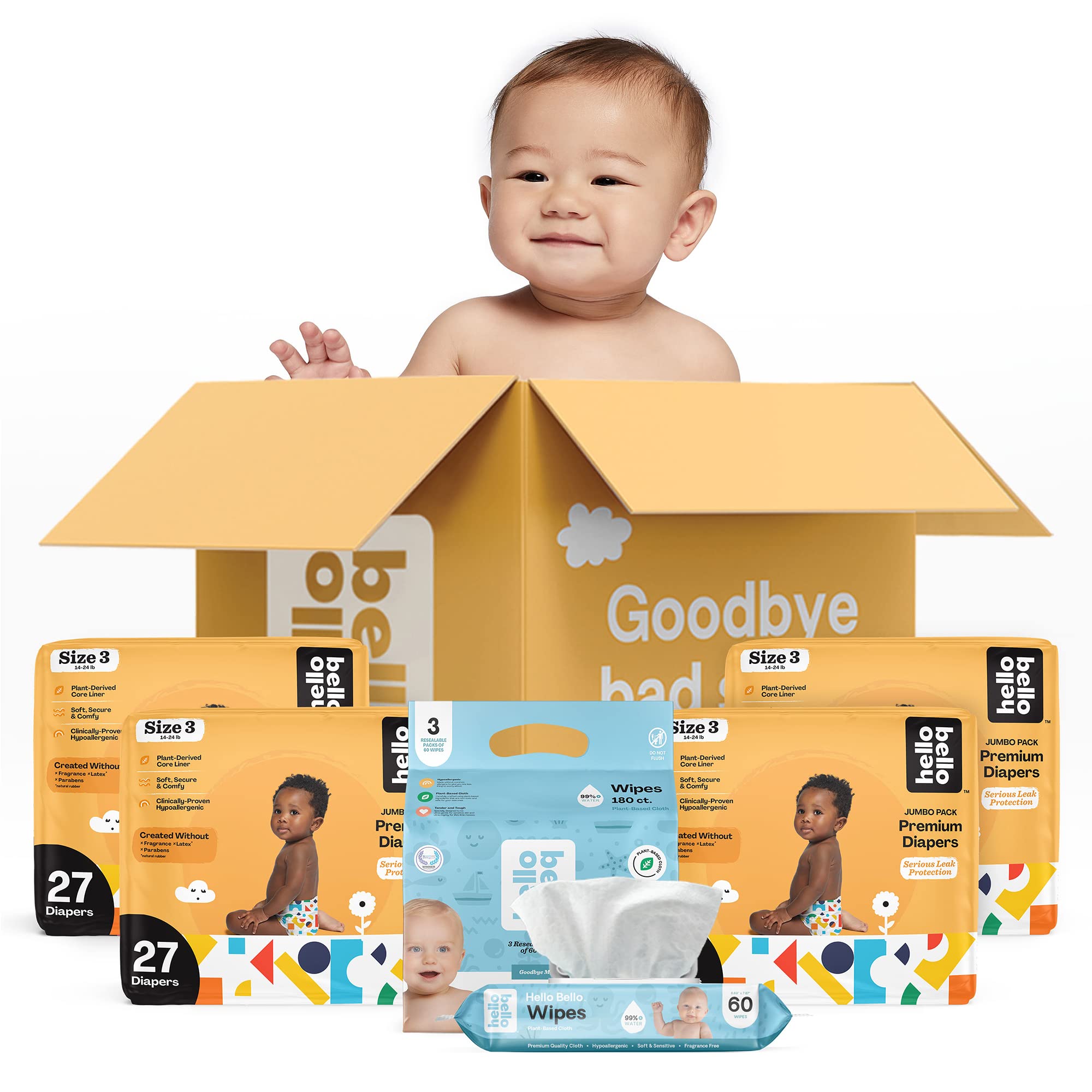 Hello Bello Diapers and Wipes Bundle for Babies | Size 3 | Boy Building Blocks Pattern, 108 Count (4 Packs of 27) | Wipes, Unscented, 180 Count (3 Packs of 60) | 288 Count