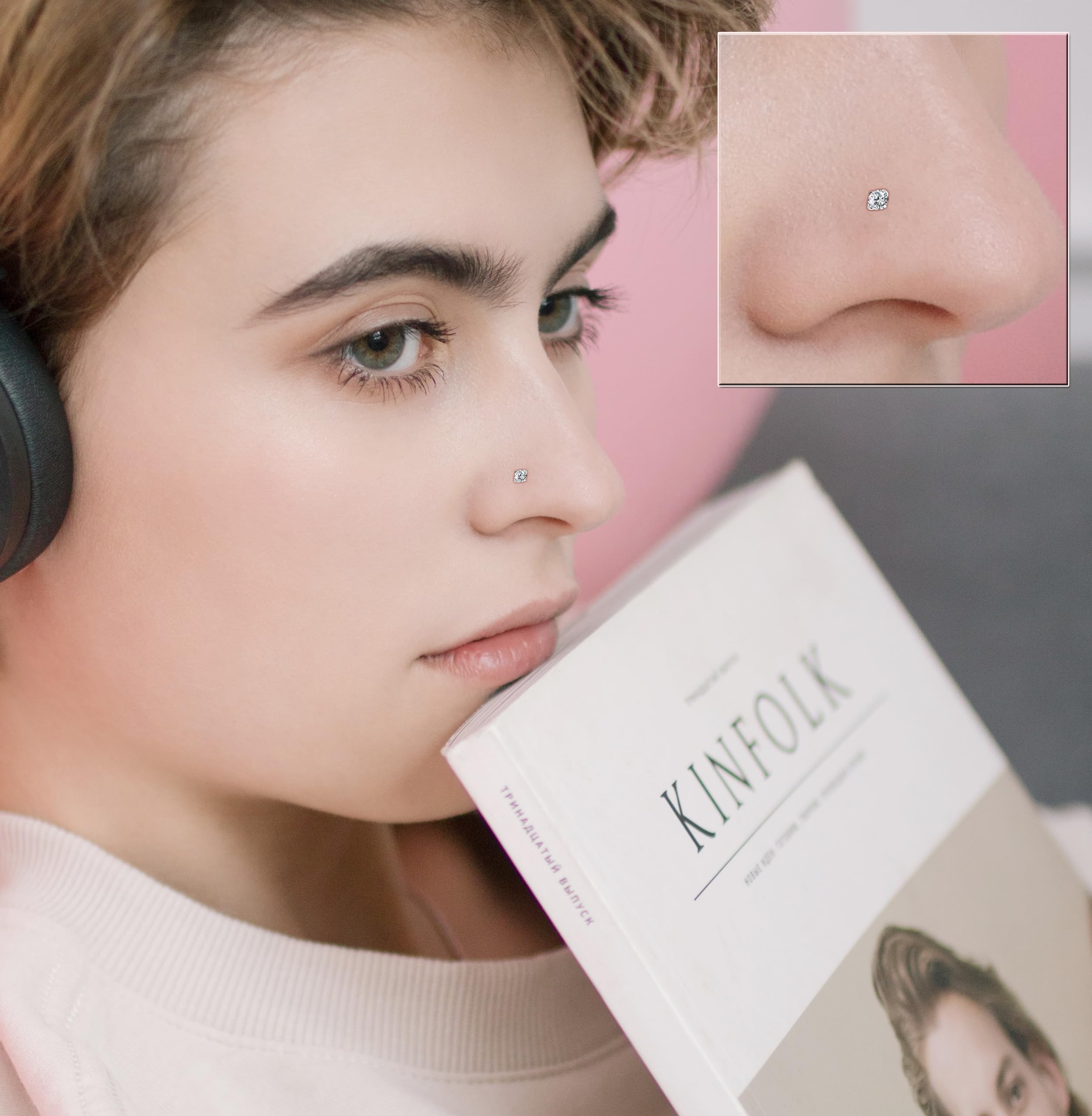 Enticera 2mm G23 Titanium Nose Rings Studs for Sensitive Skin 20g Handmade Small L Shaped Nose Rings for Women Men Round CZ Nose Piercing Jewelry White