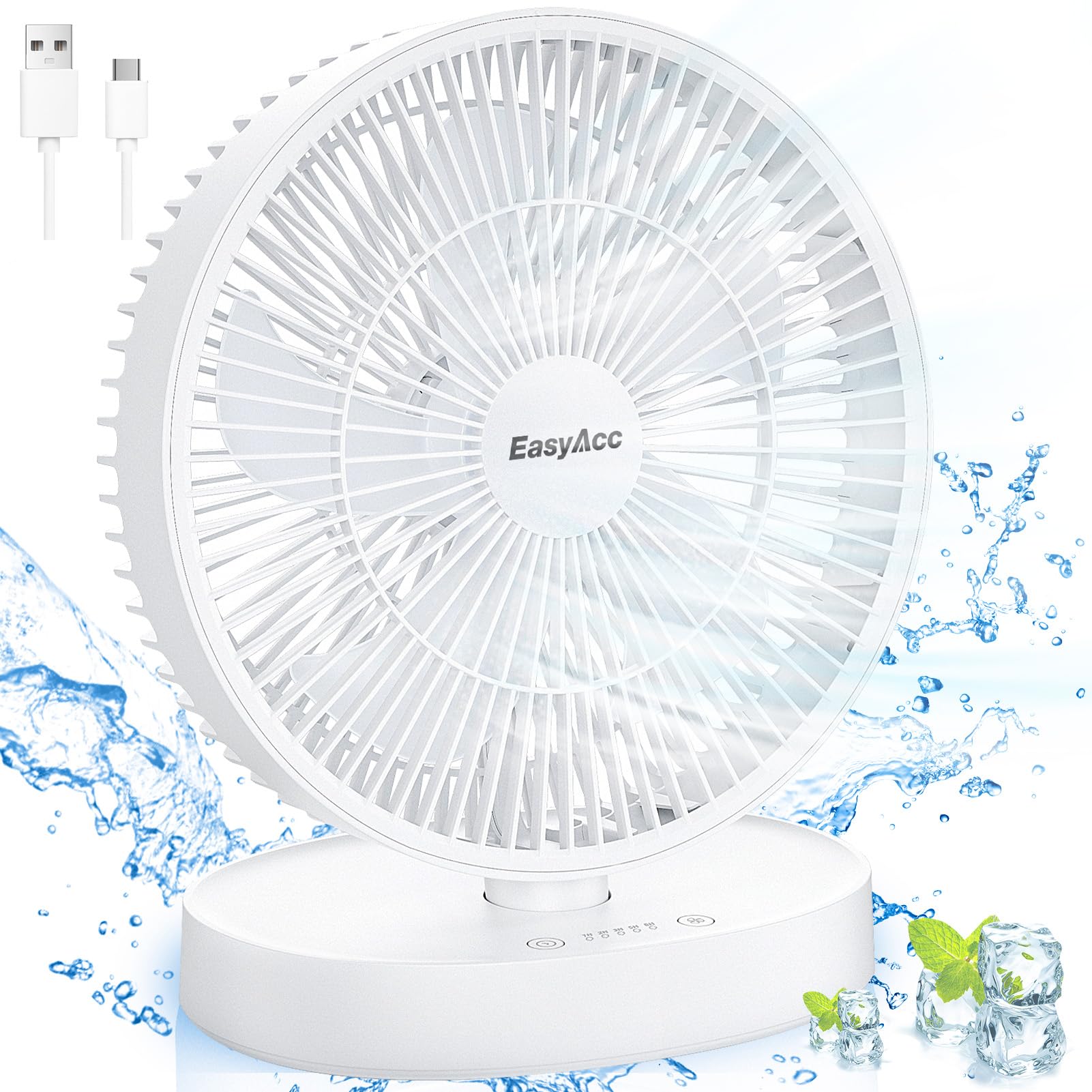 EasyAcc 12 Inch Desk Fan, USB Fan Air Circulator Fan Ultra Quiet 24 dB, IP67 waterproof, 5 Speeds, Timer, Energy Saving Table Fan, Adjustable Angle for Home, Office, Bedroom and OutdoorïŒWhiteïŒ