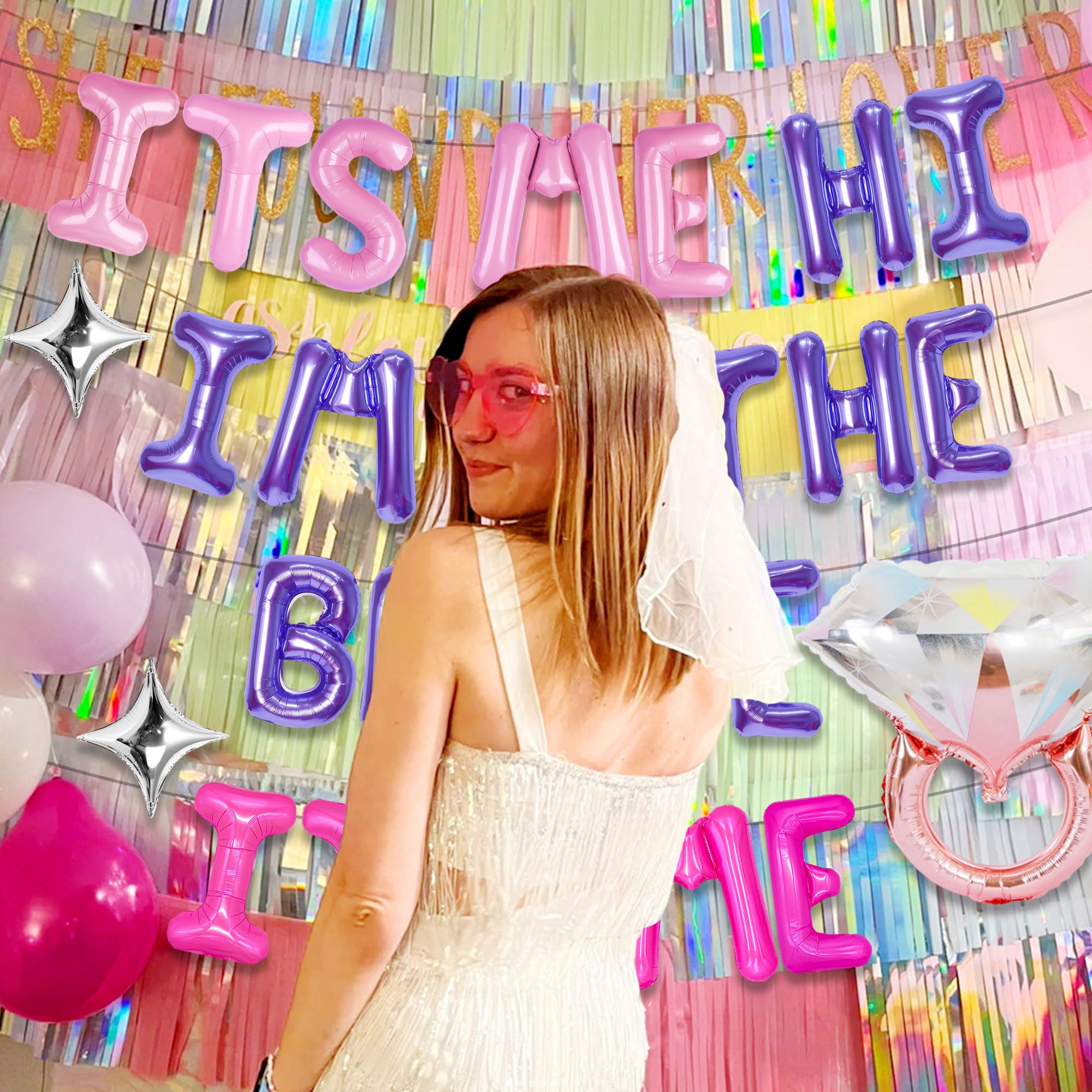 LaVenty It's Me Hi I'm The Bride It's Me Banner Balloons Iridescent Bachelorette Party Decoration Bridal Shower Party Decorations