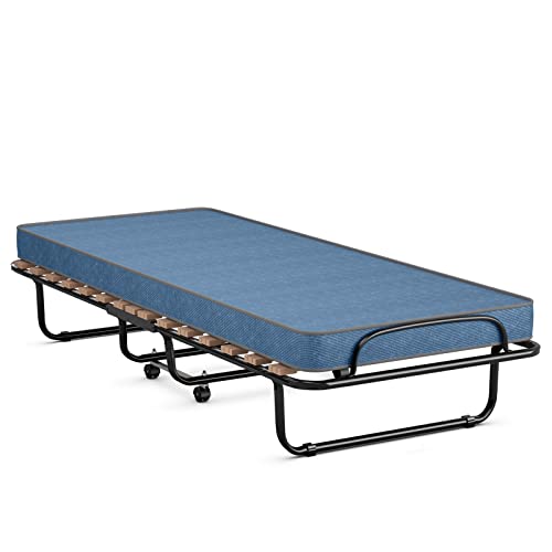 KOMFOTT Rollaway Bed with 4” Mattress, Folding Bed with Memory Foam Mattress for Adults, Portable Guest Bed with Sturdy Steel Frame, Made in Italy
