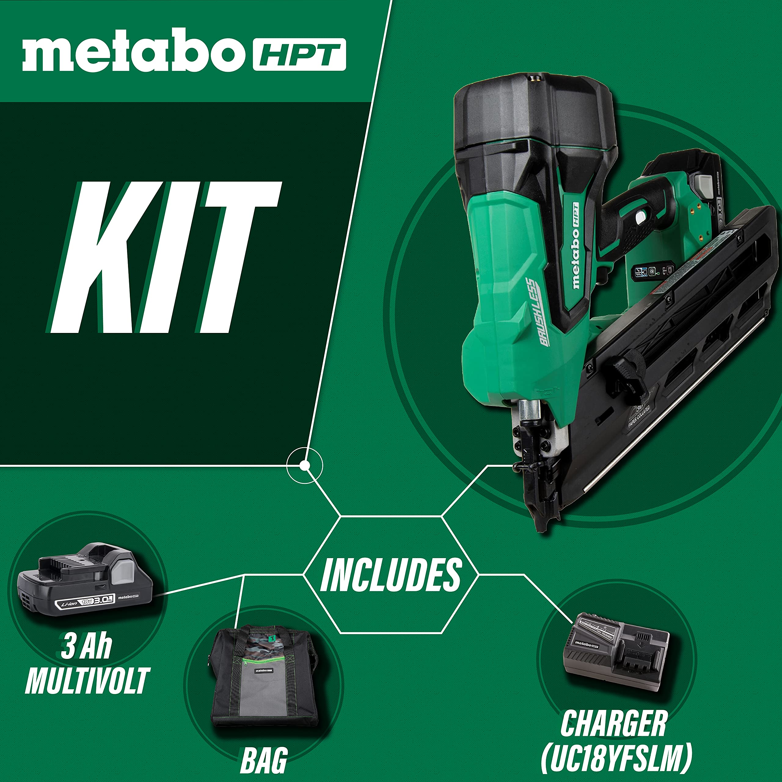 Metabo HPT 18V MultiVolt™ Cordless Framing Nailer Kit | Accepts 2-Inch up to 3-1/2-Inch Clipped & Offset Round Paper Strip Nails | 30 Degree Magazine | NR1890DCS