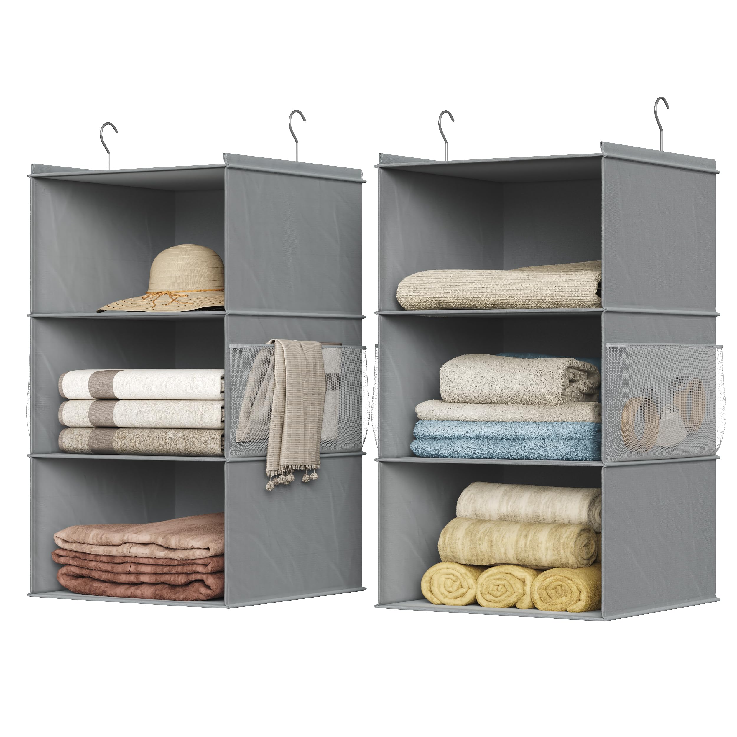 LayerSpace Space-Saving Hanging Closet Organizer - Versatile Storage for Clothes, Travel, Bedroom - 3-Shelf Heavy-Duty Design - Set of 2, Grey