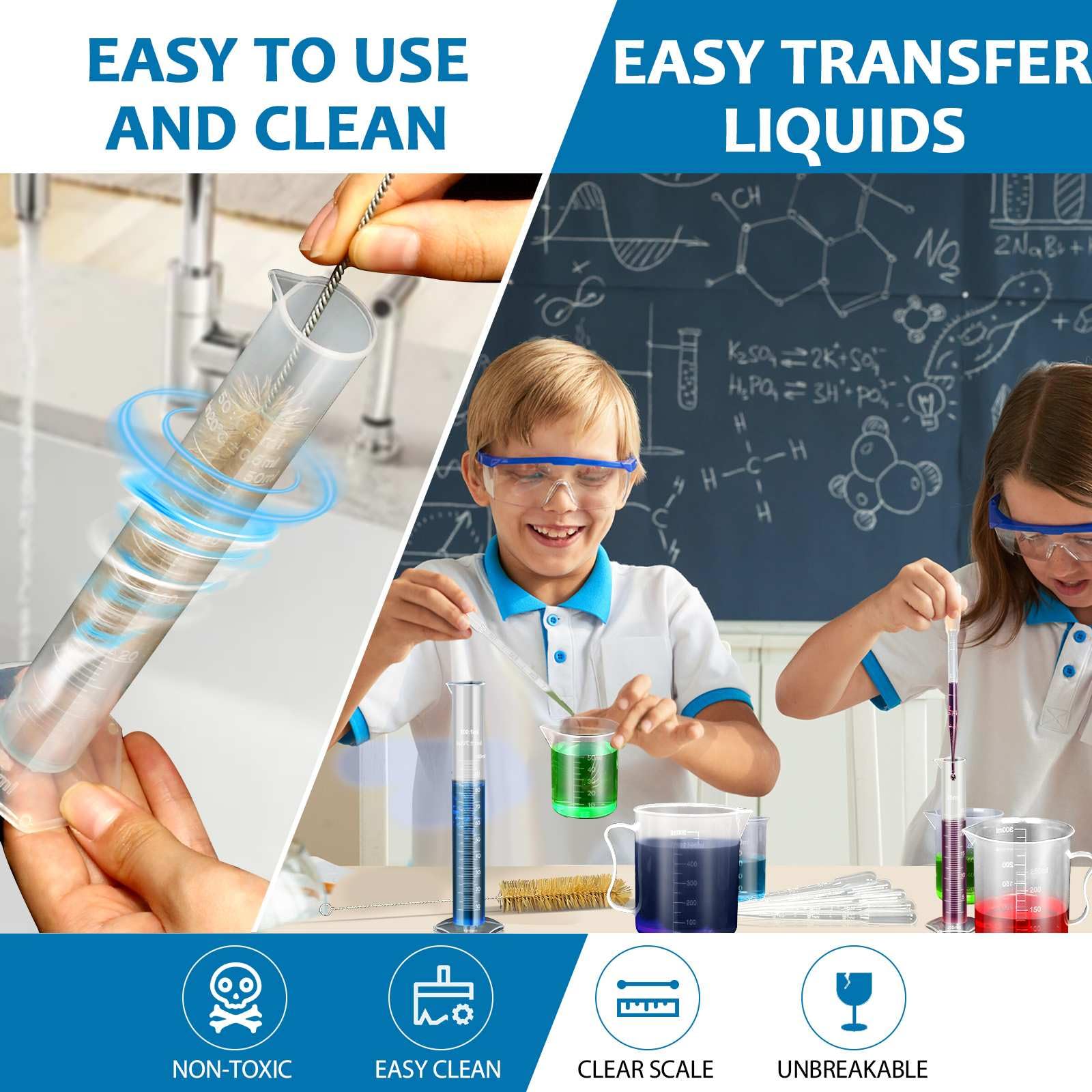 moveland Upgraded Plastic Graduated Cylinder and Plastic Beakers Set - Graduated Cylinder 10ml 25ml 50ml 100ml, Beakers 50ml 100ml 250ml 500ml 1000ml, 5 Pcs Pipettes, Ideal for DIY and Science Lab