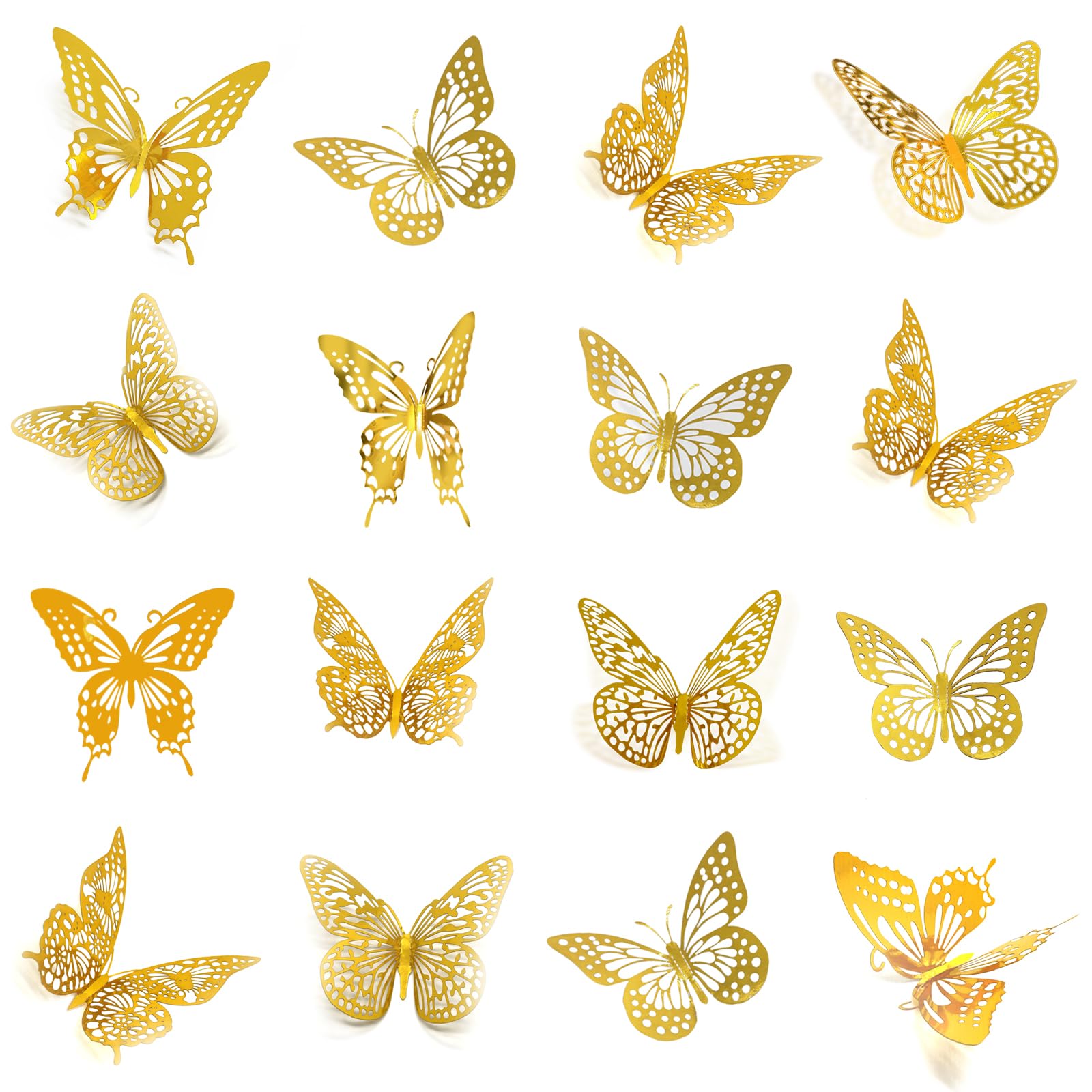 Meikeer 3D Butterfly Wall Decor 48 Pcs 4 Styles 3 Sizes, for Birthday Decorations Party Decorations, Removable Wall Stickers Interior Decorations Kids Nursery Classroom Wedding Decor (Gold)