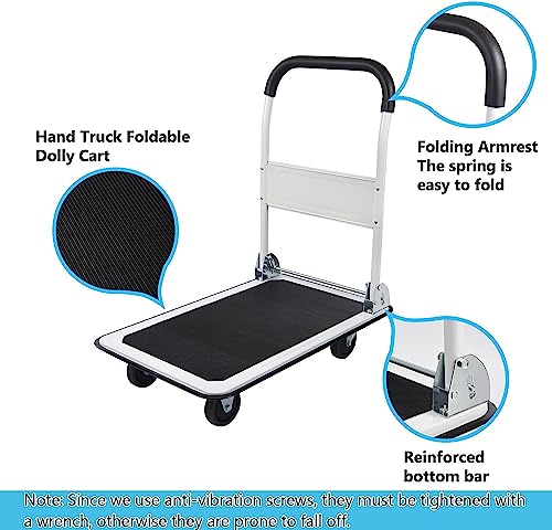 LEADALLWAY Foldable Push Cart Platform Cart 330lbs Capacity 4 Wheels 28.7x18.5x32.3inches White Small Flatbed Cart