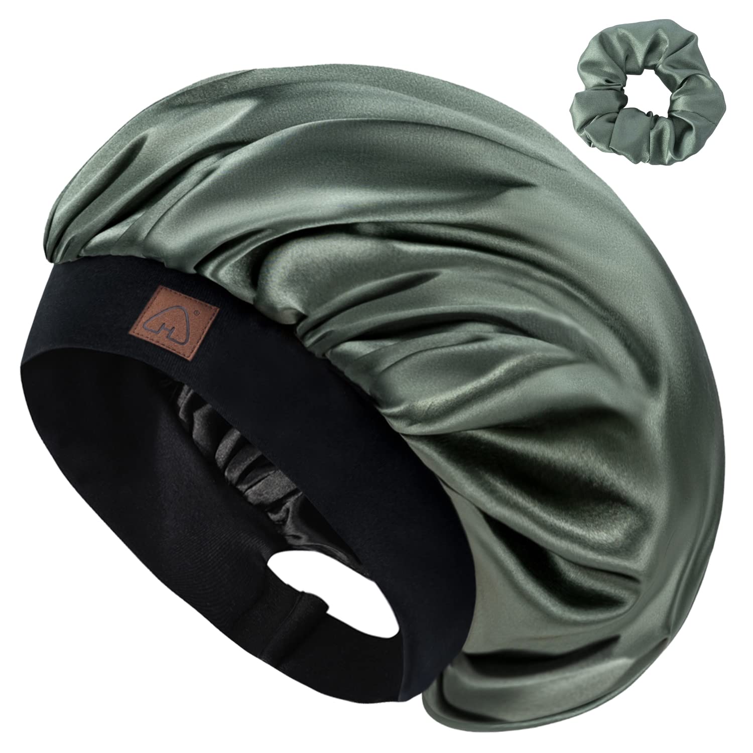 Hat Hut Satin Silk Bonnet for Curly Hair Sleep Cap for Women Sleeping Adjustable Hair Bonnet with Pattern Double Layer (Olive Green)