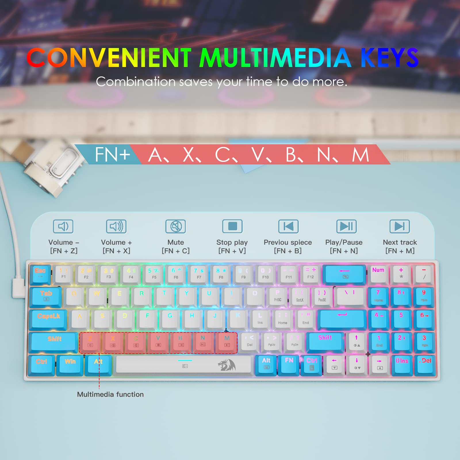 HUO JI K688 Compact Mechanical Gaming Keyboard with Number Pad, Programmable True RGB Backlit, Hot Swappable Blue Switches, Pro Driver/Software Supported, for PC/Computer/Laptop, White and Blue