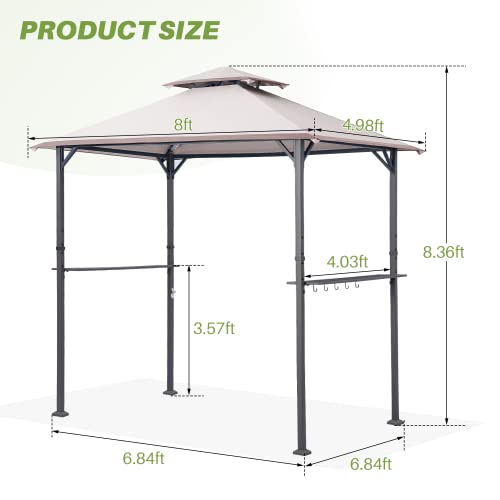Easylee 8' x 5' Grill Gazebo for Outdoor BBQ, Steel Frame Gazebo with LED Lights and Hook, Double Tiered Barbecue Canopy Tent (Beige-White)