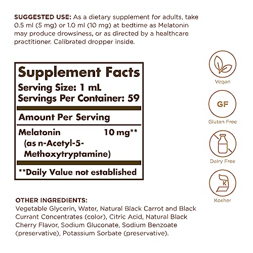 SOLGAR Liquid Melatonin 10 mg, Natural Black Cherry Flavor - 2 fl oz - Helps Normal Circadian Rhythm - Great for Jet Lag - Vegan, Gluten & Dairy Free, Kosher - 59 Servings