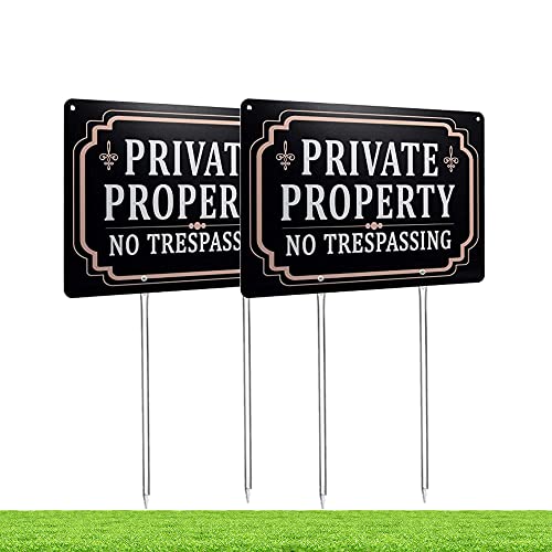 Kichwit 2 Pack Private Property No Trespassing Sign, Aluminum, 12" x 8", 14" Metal Stakes Included (2)
