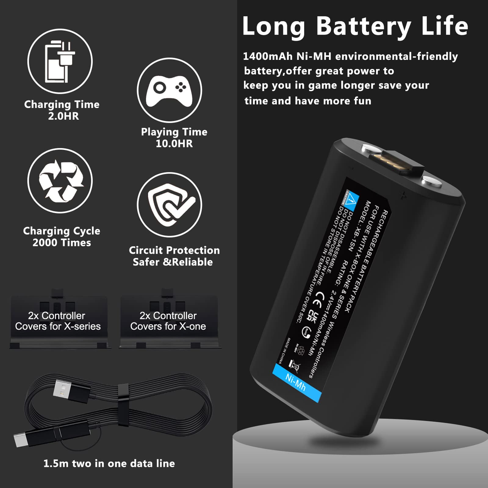 Hisewen Rechargeable Controller Battery Pack for Xbox Series X|S/Xbox One/Xbox One X/Xbox One S/Xbox One Elite Wireless Controller, 2Pack 1400mAh Ni-MH Replacement Battery
